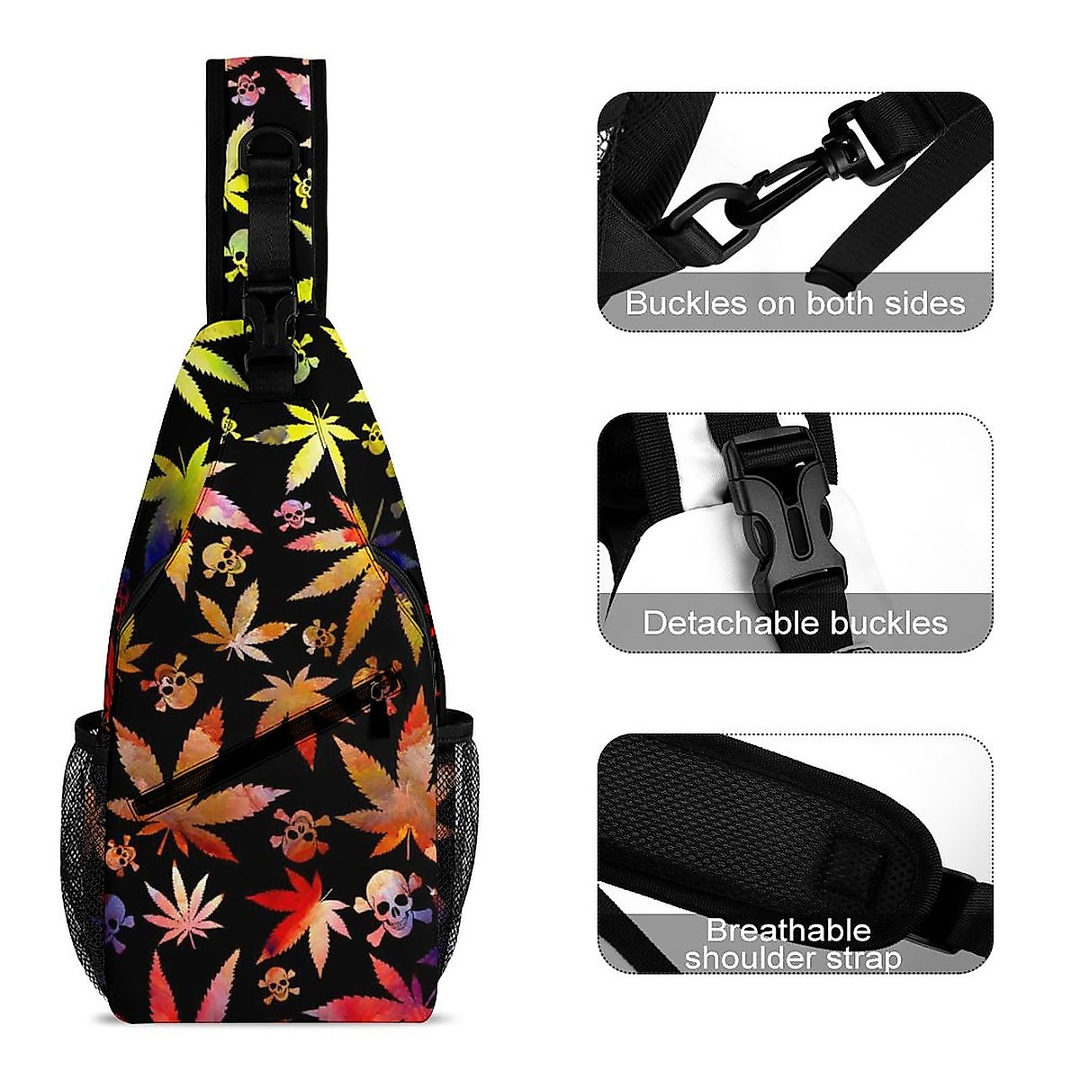 Lightweight Chest Shoulder Backpack For Travel Hiking Sling Bag Cross Body Personal Pocket Bag Compatible with Trippy Colorful Cannabis Marijuana Weed Leaf Skull Crossbones Black
