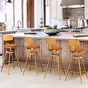 Cozyman Industrial Swivel Bar Stool Set of 4, 26"-32" Adjustable Counter Height Bar Stool with Back for Kitchen Island, Vintage Farmhouse Faux Leather Barstool with Golden Metal Legs, Whiskey Brown
