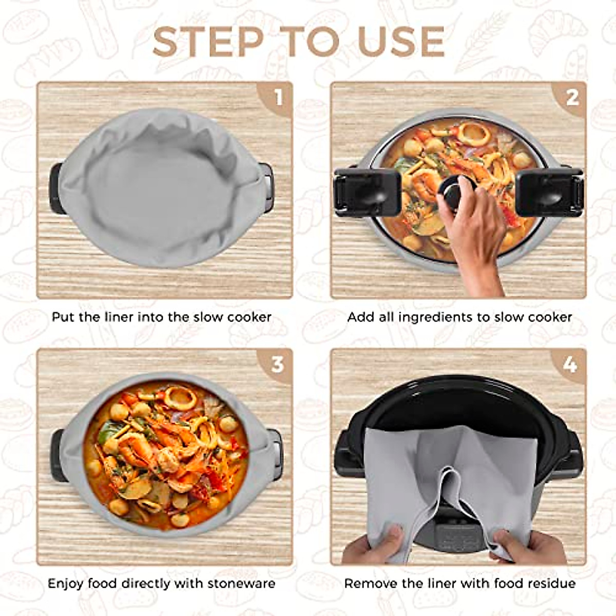 Silicone Slow Cooker Liners Compatible with 6-8 Quarts Crockpot, Reusable Slow Cooker Liner (Grey and Yellow)