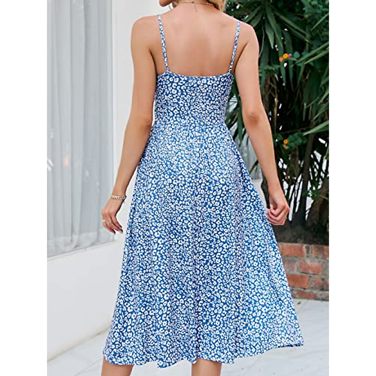 YATHON Boho Sleeveless Casual Midi Summer Dress V Neck Elastic Waist Floral Print Boho Midi Swing Homecoming Party Long Dresses (YT202-Blue W Pattern 01,S)