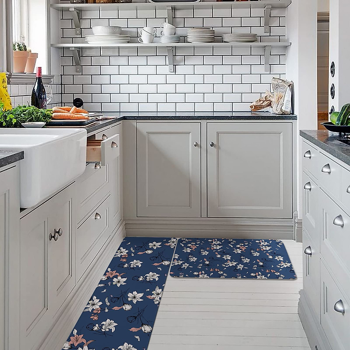 Kitchen Rugs Sets 2 Pces, Vintage Floral Print Elegant Flower Navy Blue Floor Mats Non Skid Door Rugs Runner Rug for Bathroom, Living Room, Laundries, Bedside, Bedroom