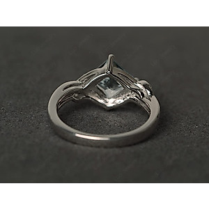 LUO 925 Sterling Silver Aquamarine Ring Kite Set Square Cut 7X7 MM Engagement Ring for Women US Size 6