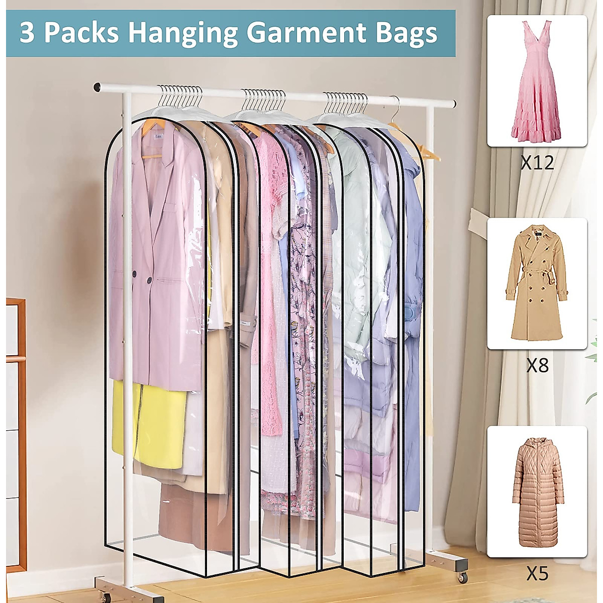 AOODA 10" Gusseted Dress Bags for Gowns Long, 60" All Clear Garment Bags for Hanging Clothes Storage, Large Hanging Clothing Bag for Closet Dress Cover for Coats (3 Packs)