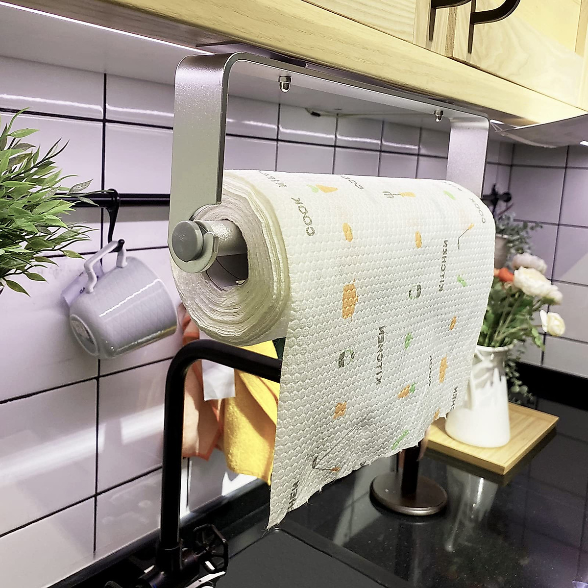 URALFA Adhesive Paper Towel Holder Under Cabinet, Paper Towel Rack Self-Adhesive or Drilling Wall Mounted for Kitchen Towels Holder, Paper Roll Holder for Bathroom, Kitchen, Pantry, Sink (Silver)