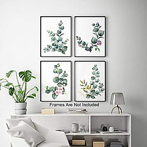 KAIRNE Eucalyptus Leaf Canvas wall Art Painting Set of 4 Unframed(8x10 Inch) Tropical Plant Decor Leaves pink flower art print Botanical Wall decor for living room home wall decoration