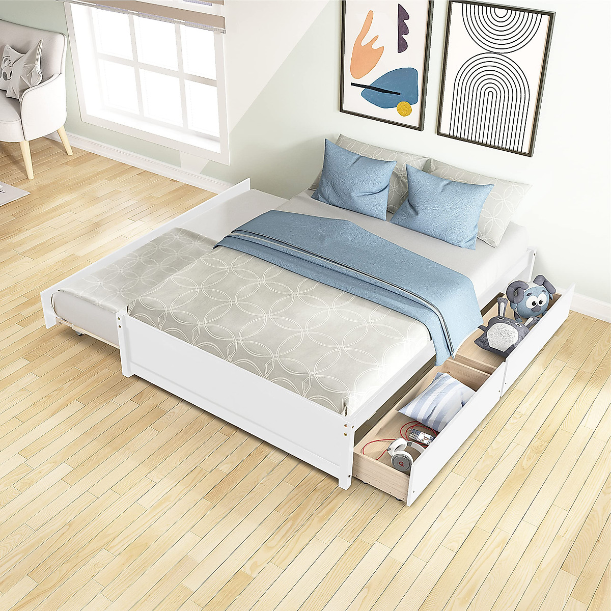 CITYLIGHT Full Bed with Trundle and Storage, Wood Platform Frame Full Bed with Trundle and Drawers, Space-Saving Full Bed for Kids, Boys, Girls, Teens, White