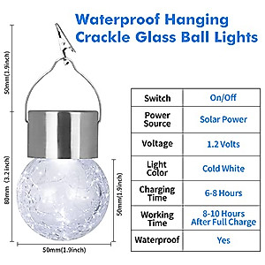 WENMER 12 Pack Outdoor Hanging Solar Lights Waterproof Cracked Glass Ball Lights with Hook and Clip Decorative Globe Solar Hanging Lights for Patio Garden Tree Fence Balcony Yard, Cold White