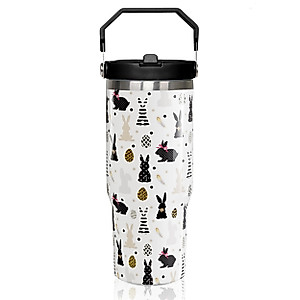 30oz Easter Tumbler with Handle and Straw, Black Rabbits Insulated Tumbler, Leak Proof Travel Coffee Mug, Reusable Stainless Steel Easter Egg Tumbler, Easter Gifts for Women (black white)