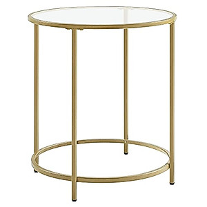 VASAGLE Round Side Table, Glass End Table with Metal Frame, Gold Coffee Table with Modern Style, for Living Room, Balcony, Bedroom, Gold Color