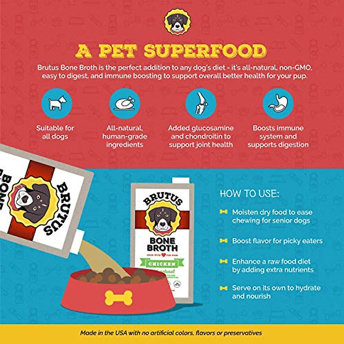 Brutus Bone Broth for Dogs 64 oz | All Natural | Made in USA | Glucosamine & Chondroitin for Healthy Joints | Human Grade Ingredients | Hydrating Dog Food Topper & Gravy (Beef, 2-Pack)