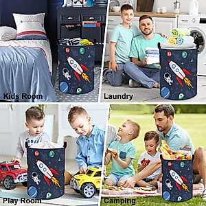 Clastyle 45L Rocket Astronaut Laundry Hamper for Bedroom Waterproof Collapsible Blue Universe Toys Storage Basket with Drawstring, 14.2 * 17.7 in