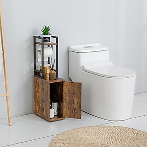 SUNTAGE Small Bathroom Storage Cabinet, Narrow Side Bathroom Organizer w/Toilet Paper Roll Holder and Metal Frame, Slim Toilet Paper Storage Cabinet for Bathroom, Brown