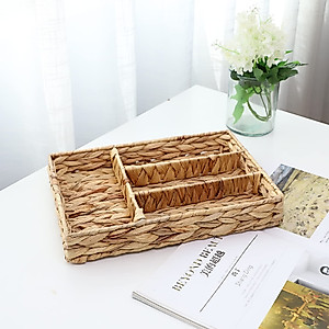 YAHUAN Water Hyacinth Divided Storage Basket Silverware Organizer for Drawer Decorative Woven Water Hyacinth Rectangular 4 Compartment Severing Tray (Water Hyacinth)