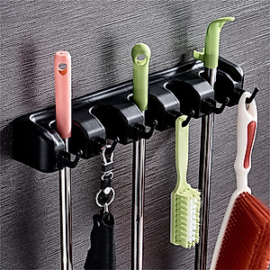 LEDWII Broom and Mop Holder, Storage Rack, Wall Mounted Tidy Organizer with 5 Position 6 Hooks, Storage Rack Organizer for Brush, Mop and Broom Tool, for Kitchen, Garden, Tools, Garage,Black
