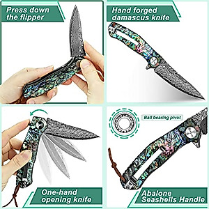 Benkey Damascus Pocket Knife with Clip Leather Sheath Sharp VG10 Core Folding Knife, EDC with Liner Lock Unique Abalone Seashells Handle for Outdoor Survival Camping Collection