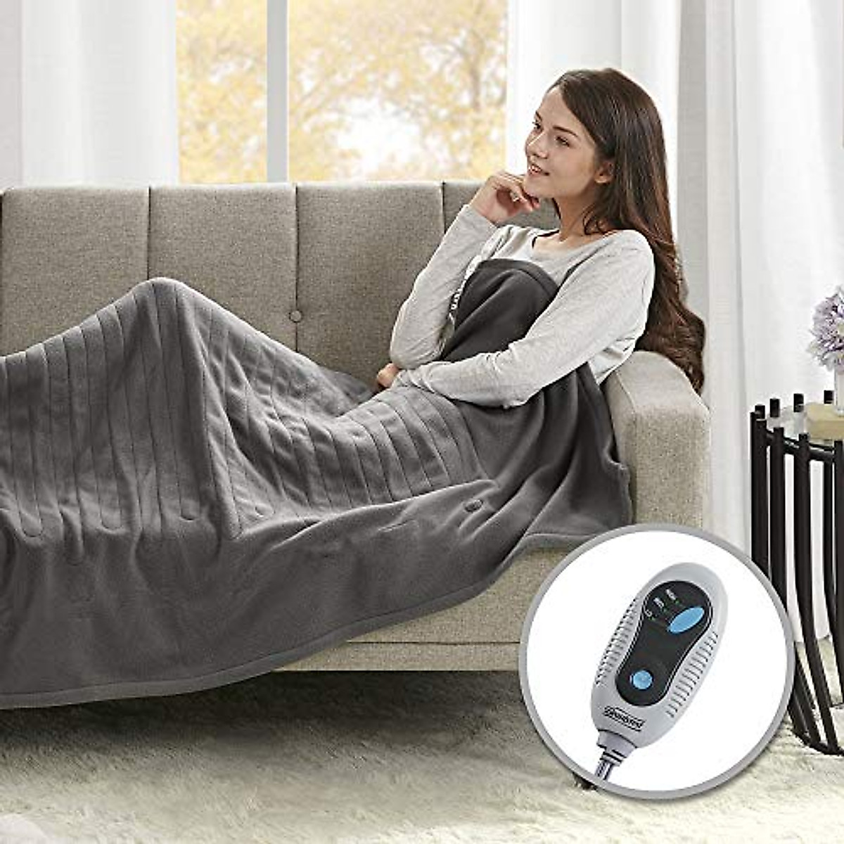 Beautyrest Fleece Electric Blanket Heated Throw Wrap Super Soft Hypoallergenic with Auto Shutoff-3-Setting Controller, 50 x 60 in, Grey