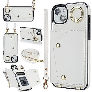 Lipvina for iPhone 13 Case Wallet with Strap for Women,Crossbody Lanyard and Wristlet Strap,Zipper Pocket,Credit Card Holder,Ring Stand,RFID Blocking Phone Wallet Cases(6.1 inch,White)