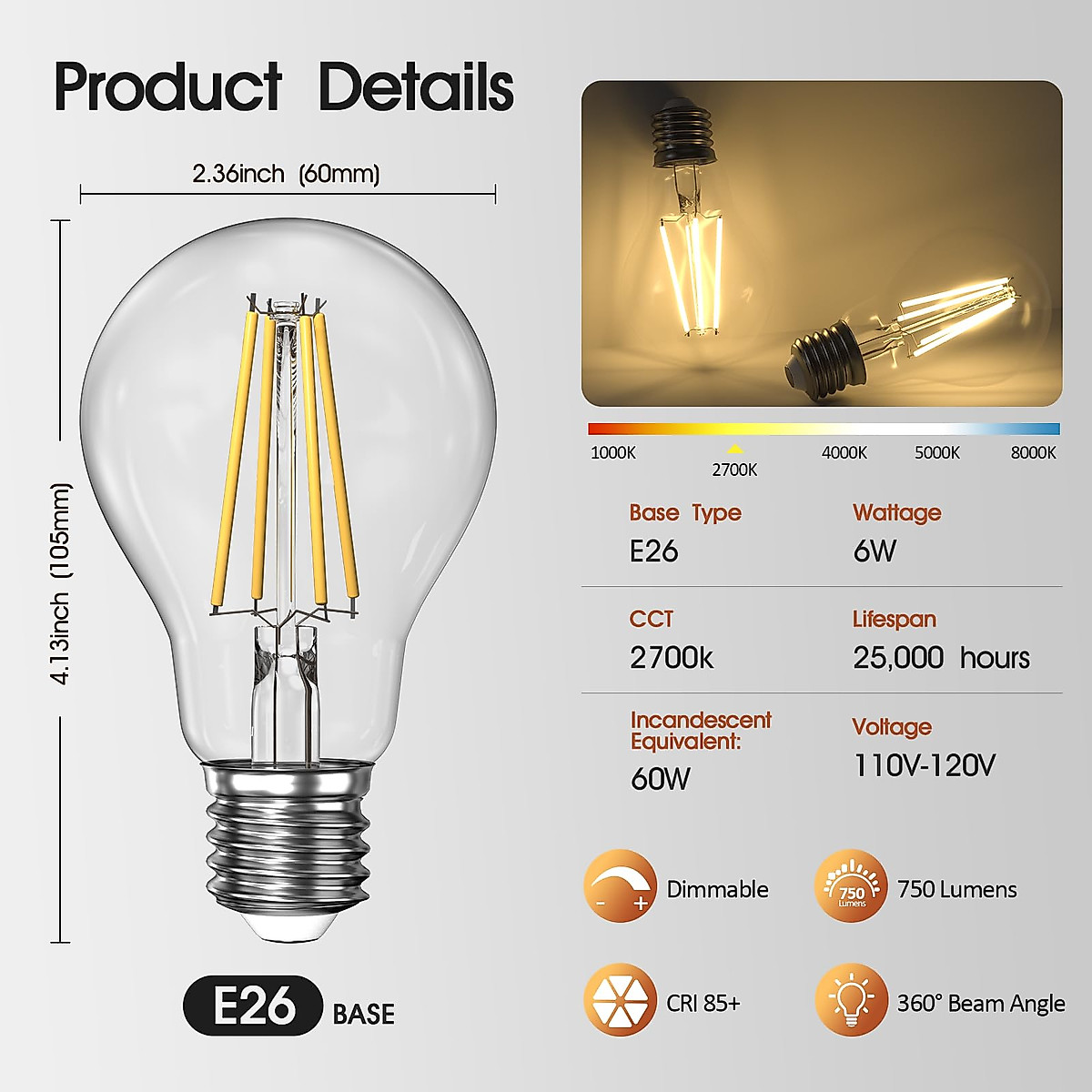 CRIRY Dimmable LED Light Bulbs 60W Equivalent, 6W 2700K Warm Soft White Light LED Bulbs, A19 LED Bulb 60W Clear Glass Antique Bulb for Living Room Bedroom Outdoor, 750LM, CRI85, E26 Base, 6 Packs