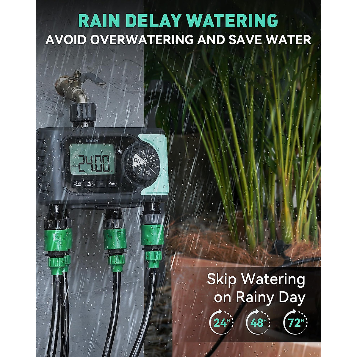 RAINPOINT Sprinkler Timer 4 Zone Water Timer, 4 Outlets Hose Timers for Watering with Rain Delay/Manual/Automatic Timed Irrigation Controller System, Programmable Digital Faucet Timer for Lawn Pool