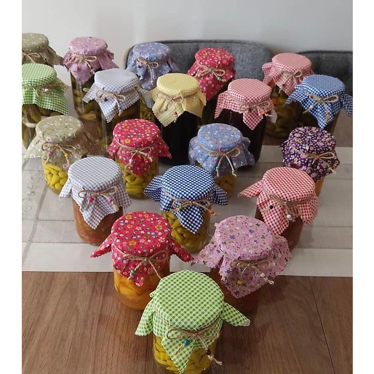 50 Pieces% 100 Cotton Flowered and Checkered Mix Pattern Fabric Jar Cover Cloth- 6.7'' Jar Cover Cloth With 50 Pieces Beaded Jute Rope