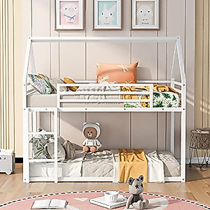 Lostcat Twin Over Twin Metal Bunk Bed, House - Shaped Low Bunk Beds w/Safety Guardrail & Ladder, Space Saving Design, No Box Spring Needed, for Girls Boys Toddlers, White