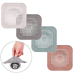 4 Pack Shower Drain Hair Catcher, Convex Silicone Hair Stopper for Shower Drain with Suction Cup, Square Bathtub Drain Cover for Bathroom, Bathtub, Kitchen