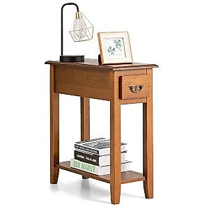 Tangkula Narrow End Table, Slim Side Table with Drawer and Open Shelf, Small End Tables for Small Spaces, Narrow Nightstand Bedside Table for Living Room Bedroom, 9.8 x 23.6 x 23.6 inches (1, Walnut)