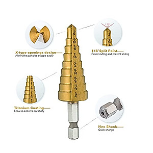 HIDOTOL Step Drill Bit Set 3PCS, High Speed Steel Titanium Coated, Double Cutting Blades, Unibit Drill Bits for Metal Sheet, Wood, Plastic, Total 28 Sizes