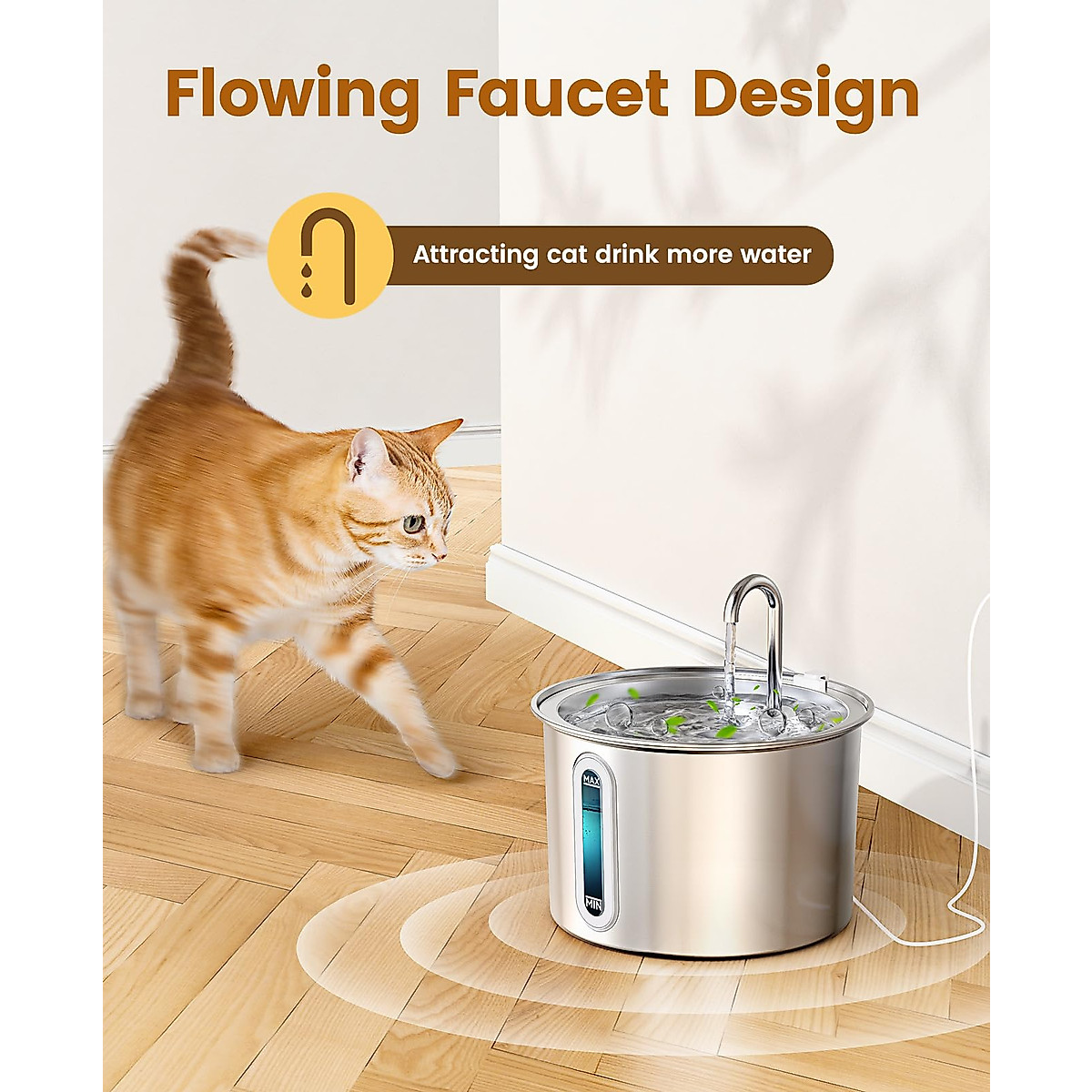 oneisall Stainless Steel Cat Water Fountain, 2L Water Fountains for Cats Indoor Dishwasher Safe with Quiet Pump and 3 Replacement Filters, Automatic Pet Water Fountain Faucet Spout Design