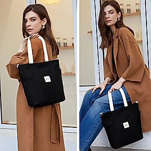 Iswee Canvas Tote Bag with Zipper Multi Pockets Tote Purse for Women Fashion Crossbody Tote Shoulder Bag Handbag Everyday Bag(IUU009-Black)