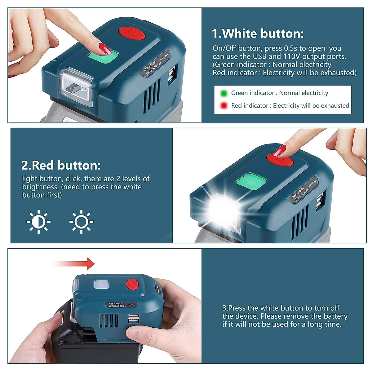 JJXNDO 150W Power Inverter for Makita 18V Lithium Battery BL1860 BL1850 BL1840 BL1830, DC 18V to AC 110~120V Portable Power Supply Charger Generator with AC Outlet & Dual USB Output & 200LM LED Light