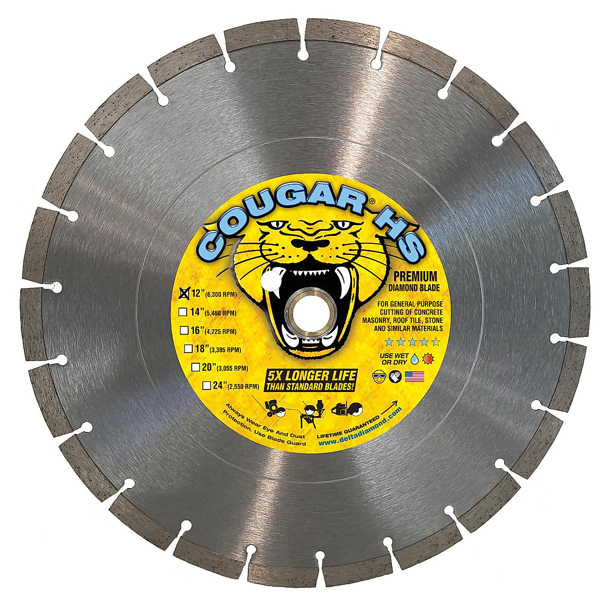 Delta Diamond Cougar HS 12 inch Diamond Blade, Premium, Segmented, General Purpose Dry or Wet Cutting of Concrete, Block, Paver, Brick (12" X 1"-20mm Arbor)