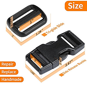 Buckles Strap 1 Inch: Nylon Webbing Straps 6 Yards, Quick Side Release Plastic Buckle Dual Adjustable 6 Pack, Tri-Glide Slide Clip 12 PCS, Metal D Rings 6 PCS, Heavy Duty, Black