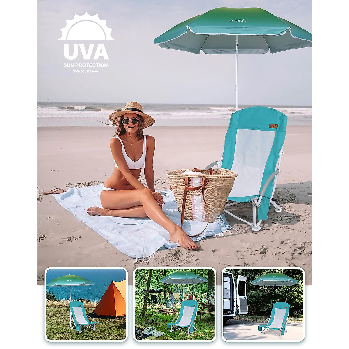 Nice C Beach Chair with Cooler and Umbrella + Low Beach Camping Chair