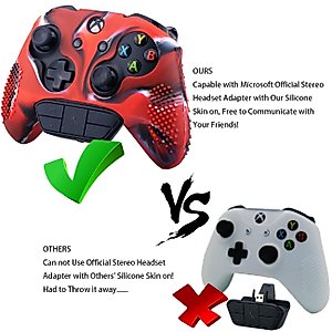 9CDeer 1 Piece of Studded Protective Silicone Cover Skin Sleeve Case + 8 Thumb Grips Analog Caps for Xbox One/S/X Controller Camouflage Red Compatible with Official Stereo Headset Adapter