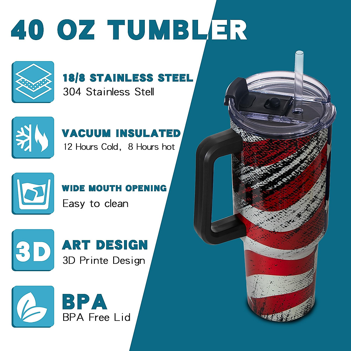 Gome 40oz Fishing Tumbler – American Flag Insulated Stainless Steel Cup with Handle, Lid & Straw, Birthday Gifts for Men, Fishing Gifts for Dad,Gift for Fishermen