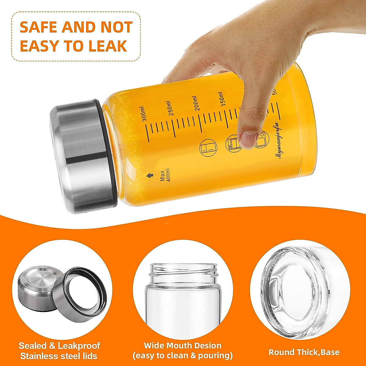 Glass Juice Bottles 12 oz - Wide Mouth Glass Water Bottles with Lids and Sleeve- for Juicing, Smoothies, Milk, Protein, Reusable, Stainless Steel Lids, Leak Proof, Shaker bottle (12oz/400ml)