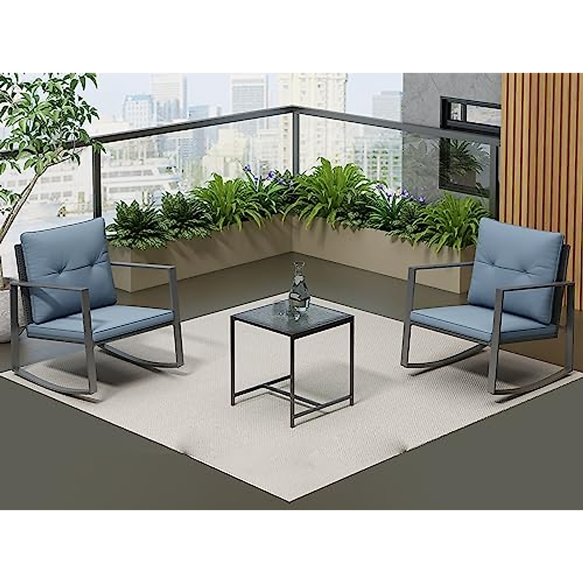 Pyramid Home Decor 3 Piece Rocking Bistro Set - Synthetic Wicker Outdoor Furniture - Glass Coffee Table with 2 Chairs for Balcony, Patio & Porch - Black Metal, Soft Cushions (Gray)