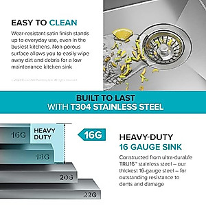 KRAUS Kore 17-Inch Undermount Workstation 16 Gauge Single Bowl Stainless Steel Bar Kitchen Sink with Accessories, KWU111-17