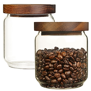 Yeahey Glass storage jars with wooden lids, food storage jars, glass kitchen jars, transparent containers for coffee bean storage, biscuit/candy/spice/tea/Pasta/Nuts storage jars (15oz*2)