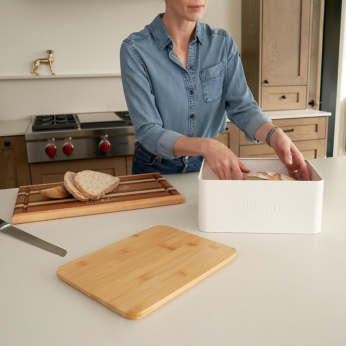 Beautiful Bread Box With Wooden Lid For Your Kitchen Countertop - Spacious Container Perfectly Stores Your Homemade Bread, English Muffins & Bagels - Quality Cutting Board Lid Keeps Your Bread Fresh