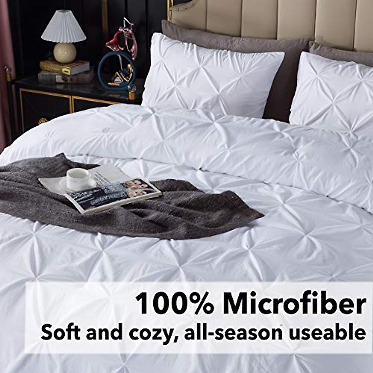 Andency White Pinch Pleat Comforter Full(79x90Inch), 3 Pieces(1 Pintuck Comforter and 2 Pillowcases) Down Alternative Microfiber Comforter Bedding Set