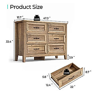 LINSY HOME Dresser for Bedroom, Long Dresser with 6 Drawers, Wood Chest of Drawers with Metal Handles, Ideal for Living Room, Entryway and Hallway