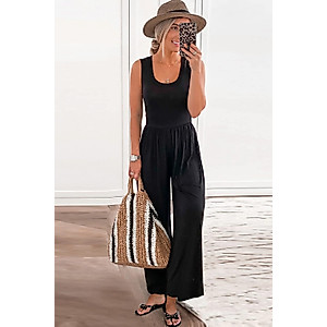 PRETTYGARDEN Women’s Summer Sleeveless Tank Jumpsuits High Waist Low Cut Casual Scoop Neck Fit And Flare Long Pants Rompers(Black, Large)