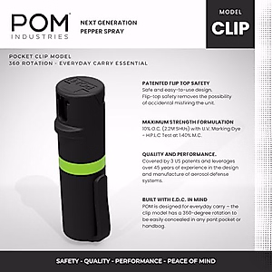 POM Pepper Spray Combo Pack Clip & Keychain - Maximum Strength OC Spray Self Defense- Tactical Compact & Safe Design - 25 Bursts & 10 ft Range - Stream Spray Pattern Black and Lime