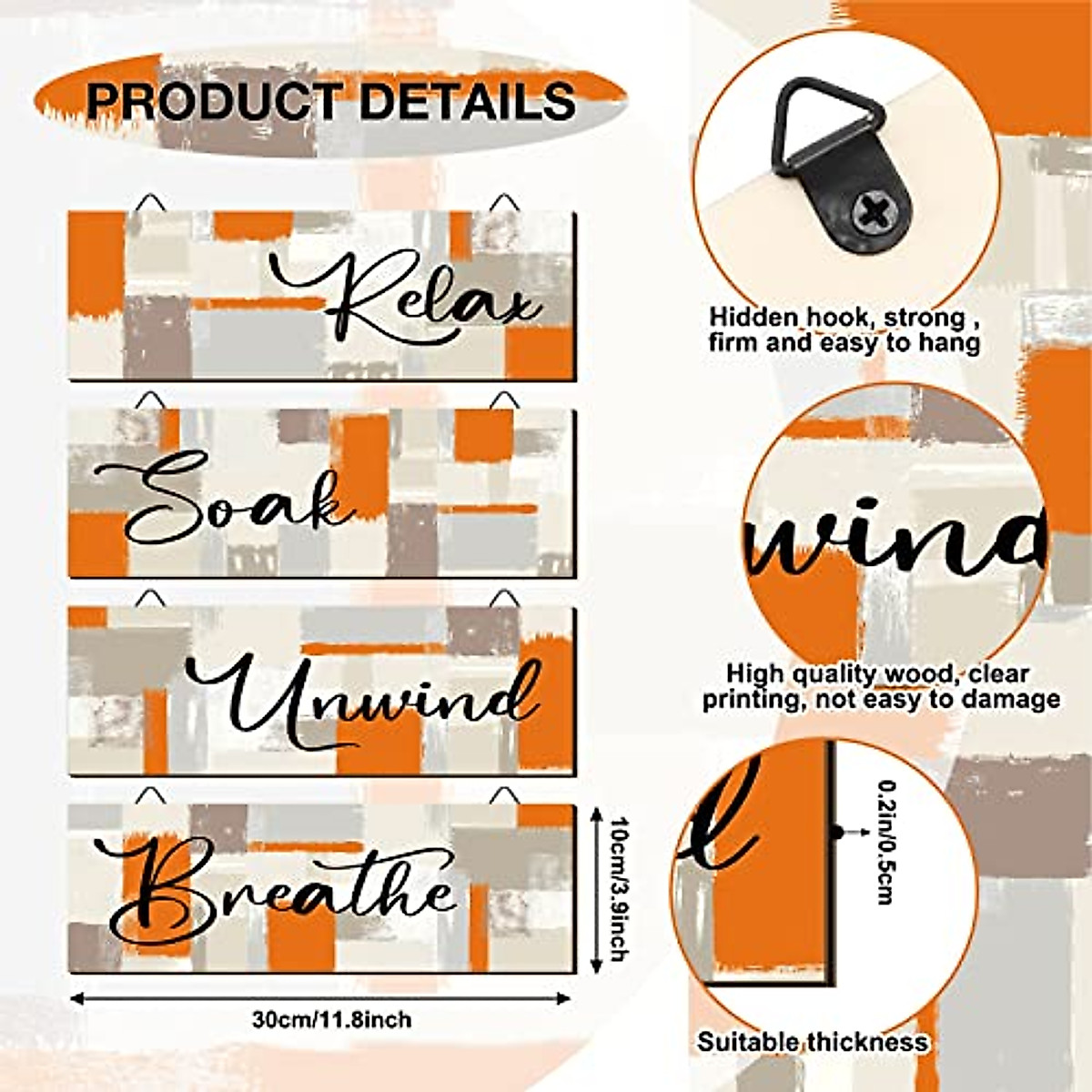Tradder 4 Pcs Bathroom Wall Art Modern Orange and White Painting Art Bathroom Wall Signs Farmhouse Relax Soak Unwind Breathe Hanging Sign for Home Bathroom Decor