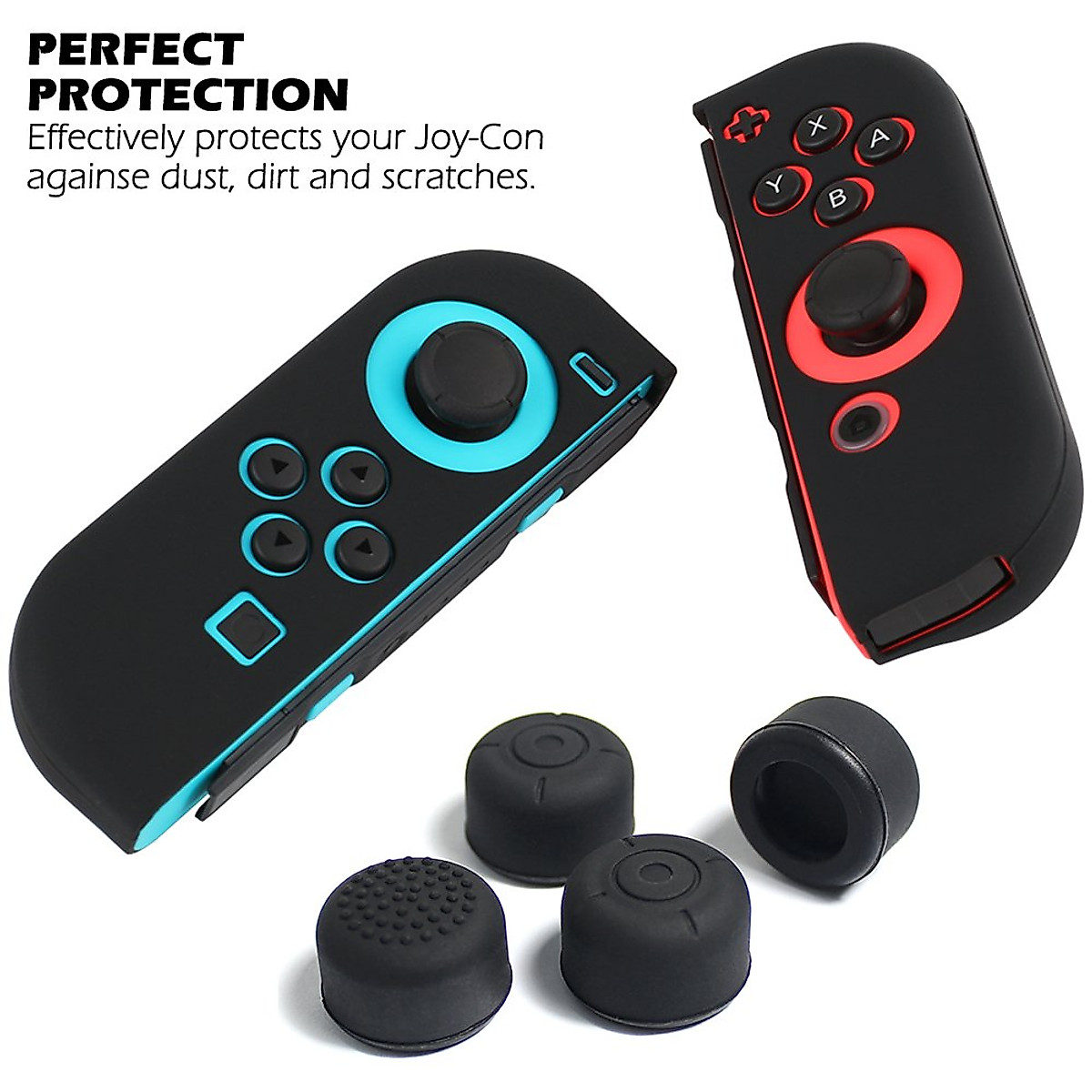 Protective Case Compatible with Nintendo Switch Joy-Con Controller with Thumb Caps, SENHAI 2 Pack Anti-Slip Silicone Grips Covers with 16 Thumb Stick Pads - Black, Blue + Red