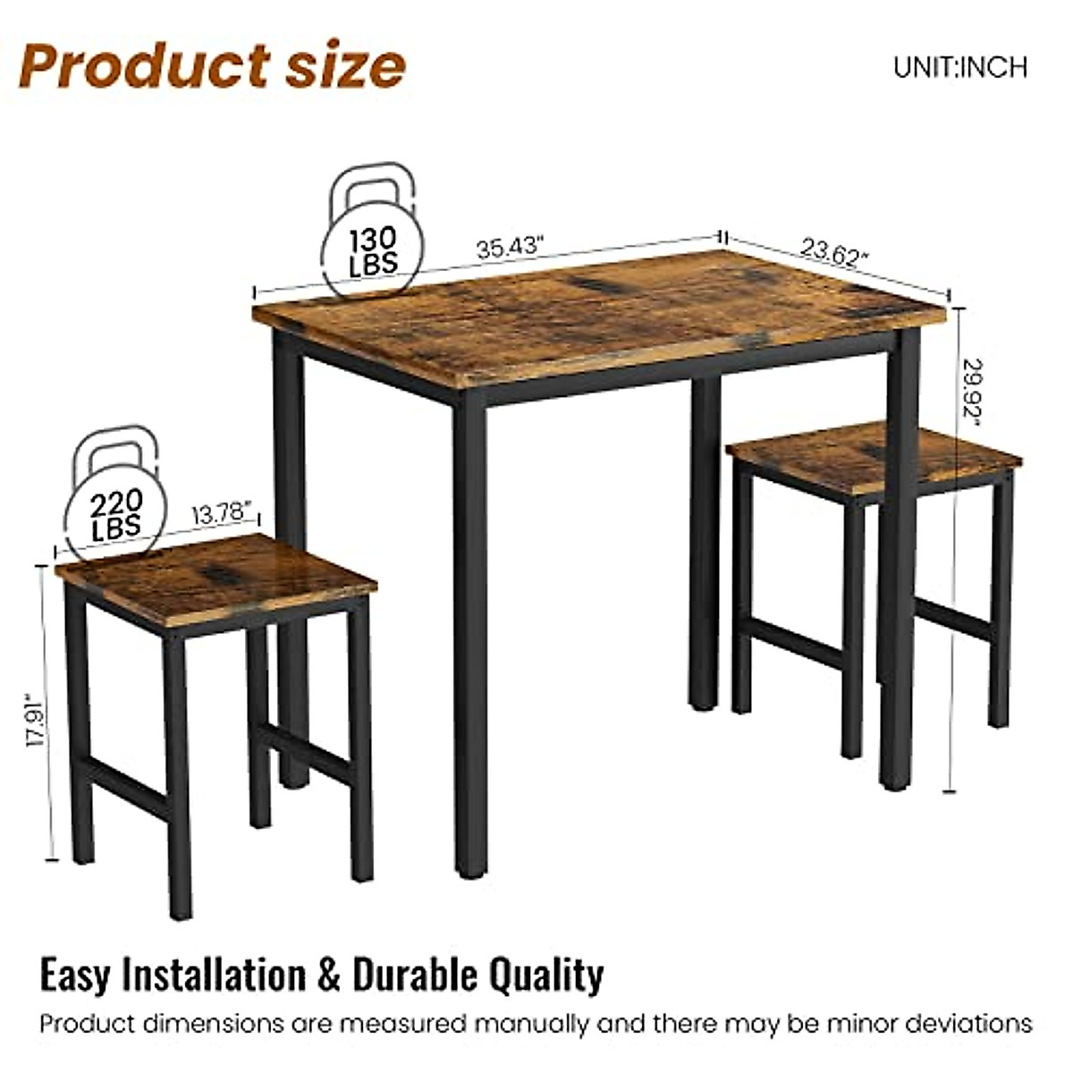 Recaceik 3 Piece Chairs for 2, Modern Wood Room, Small Dining Breakfast Table Set with 2 Stools & Metal Frame for Kitchen, 35 Inch, Brown