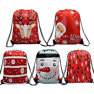 Christmas Gift Wrap Bags Drawstring Bags 5 Pack, 13.5x16.5 Inch Santa Sack Backpack for Party Favors Gifts and Candy, Reusable Personalized Best Gift for Xmas Package Storage