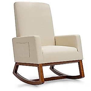 Giantx Upholstered Rocking Chair, Modern Fabric Armchair w/Wood Base, Side Pocket, Linen Padded Seat, High Back Accent Glider Rocker Chair, Mid-Century Leisure Chair for Nursery, Living Room (Beige)